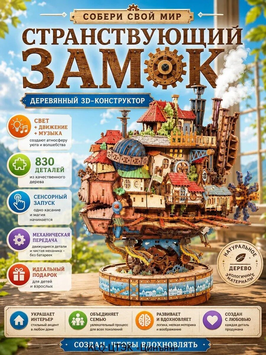 Деревянный механический конструктор Ходячий замок Хаула, 830 деталей, с подсветкой и музыкой