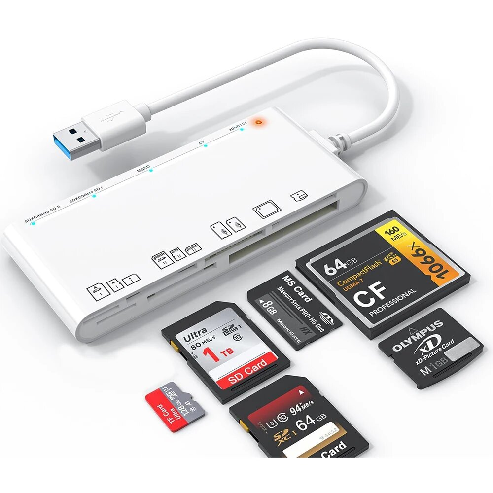 Многофункциональный USB 3.0 Кардридер 7-в-1 Белого Цвета Для SD, Micro SD, TF, CF, MS — Адаптер Для Карт Памяти Для Windows, Mac