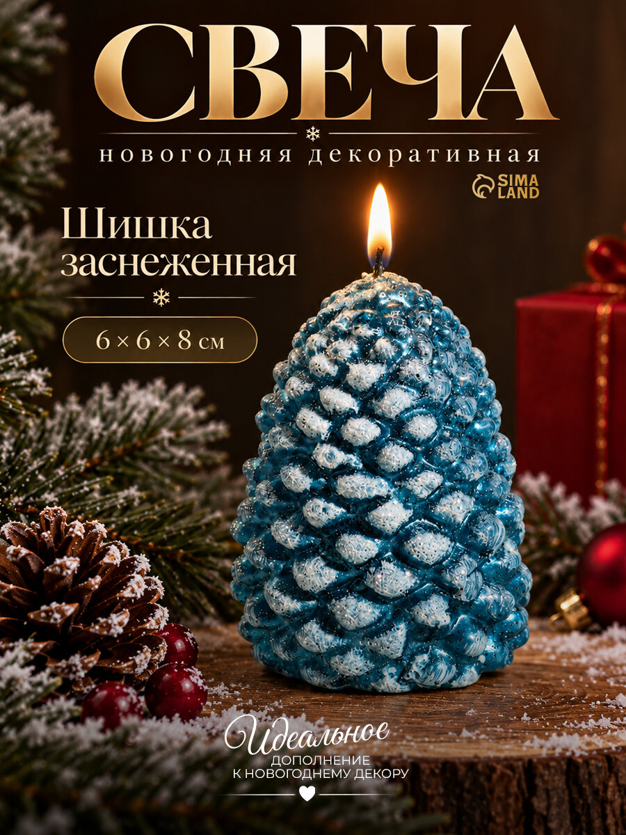 Свеча новогодняя «Шишка», 6×6×8 см, 8 ч, заснеженная