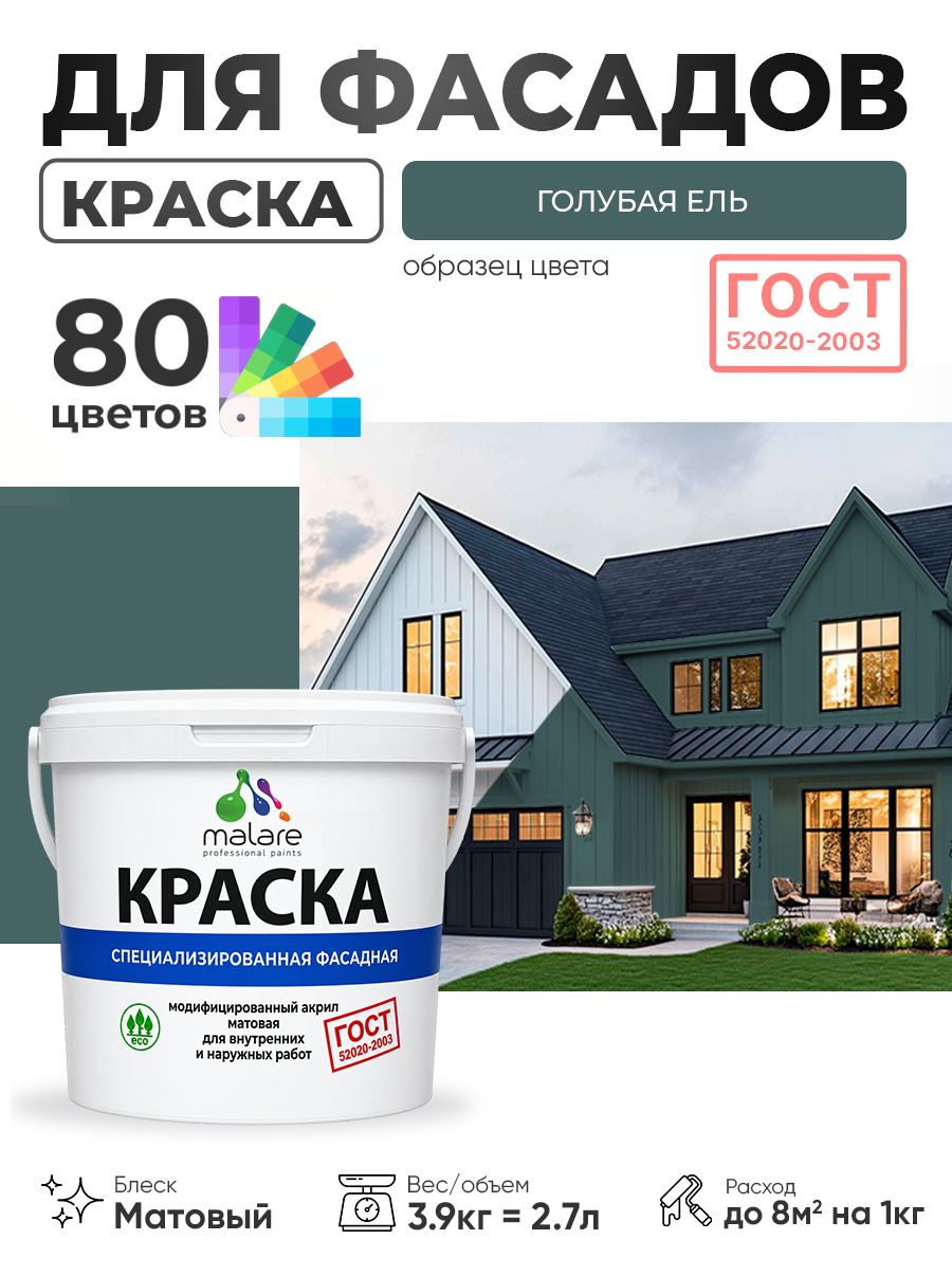 Краска Malare "ГОСТ" фасадная по дереву, бетону и штукатурке, для камня и кирпича, без запаха матовая, голубая ель, (2.7л -3.9кг)