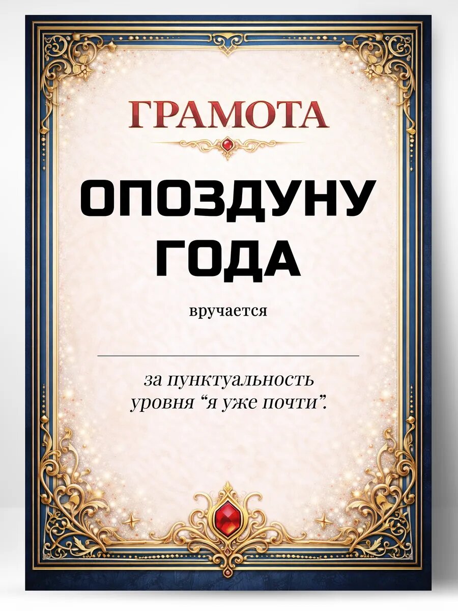Грамота диплом в подарок - Опоздуну года