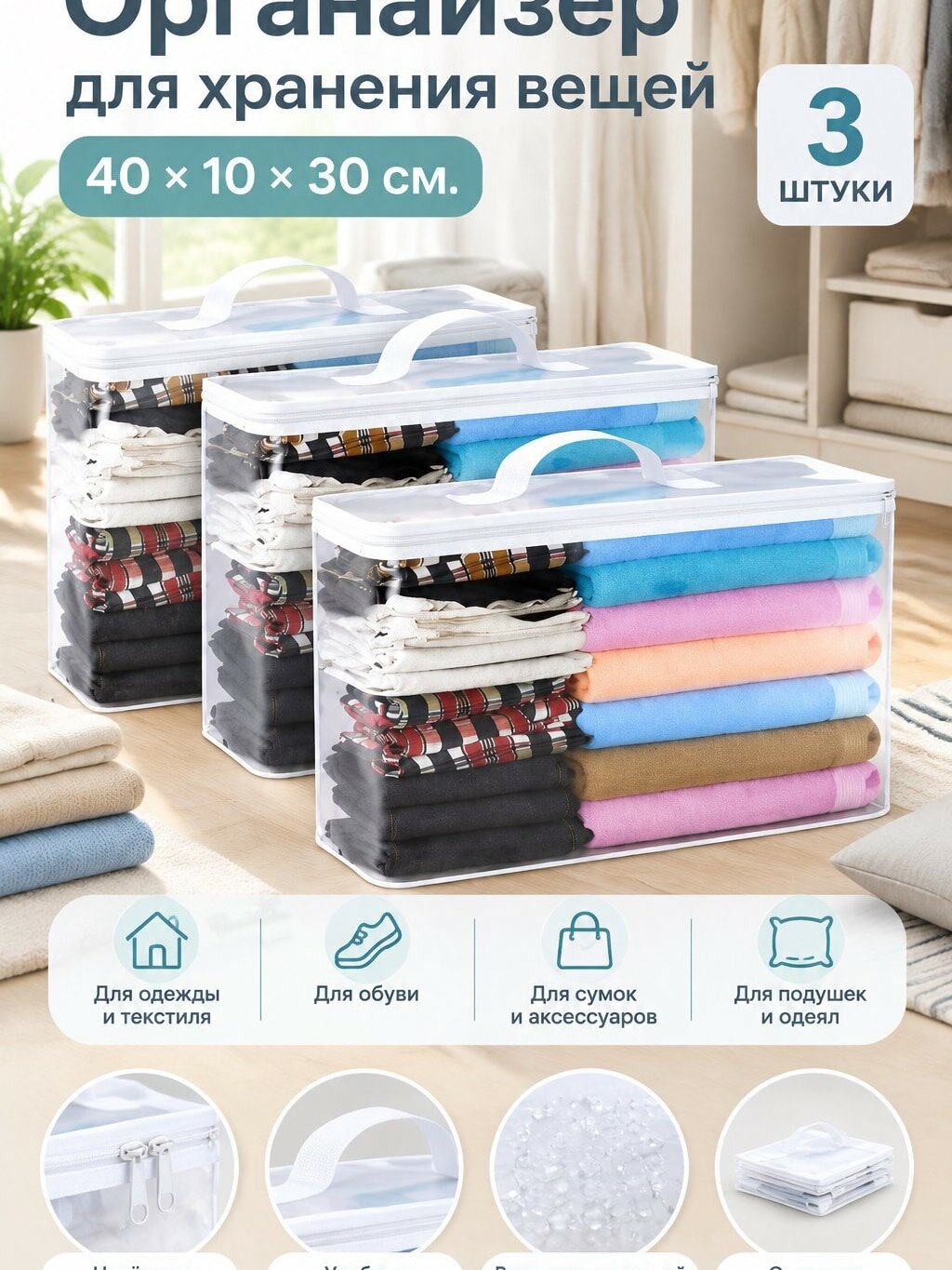 Органайзер для хранения вещей 40x10x30 см 3 шт пвх (поливинилхлорид) белый