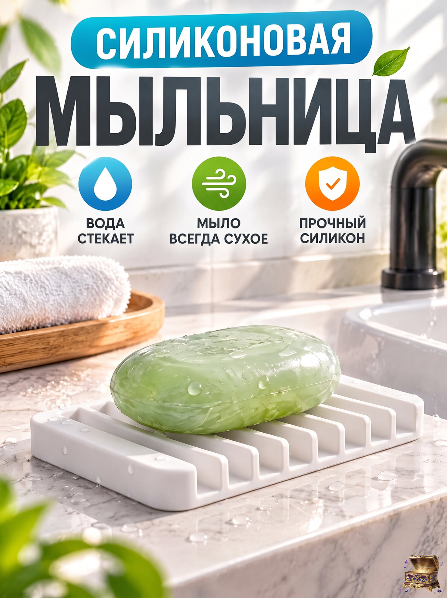 Силиконовая мыльница со сливом для воды белая для кускового мыла