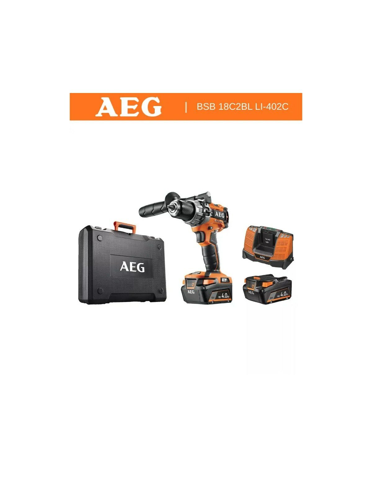 Дрель шуруповерт аккумуляторная ударная AEG BSB18C2BLLI-402C, 18В, 65 Нм, 2 акк х 4,0Ач, з/у, арт. 4935464097