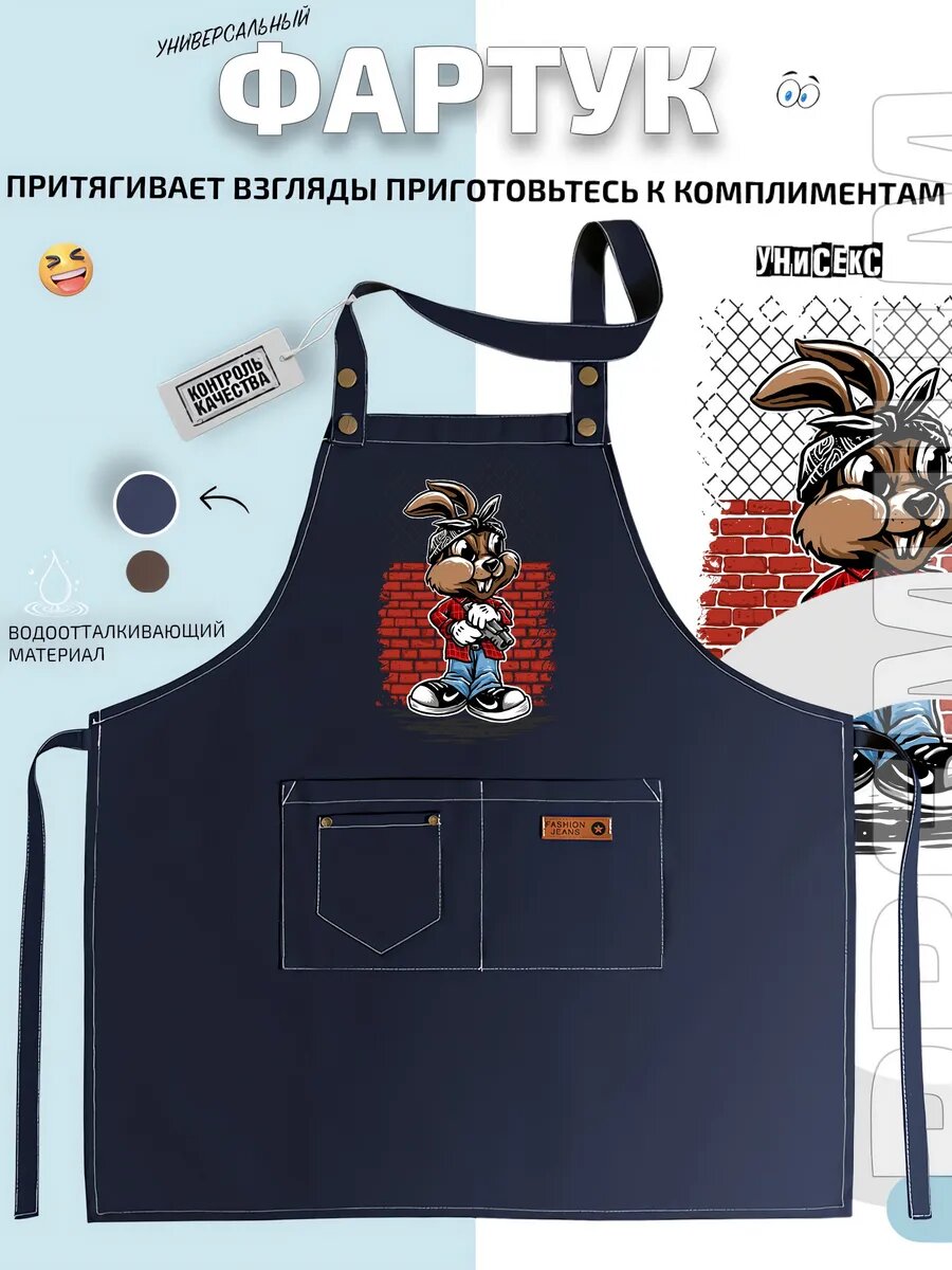 Фартук кролик бандит с пистолетом у кирпичной стены кухонный с принтом универсальный
