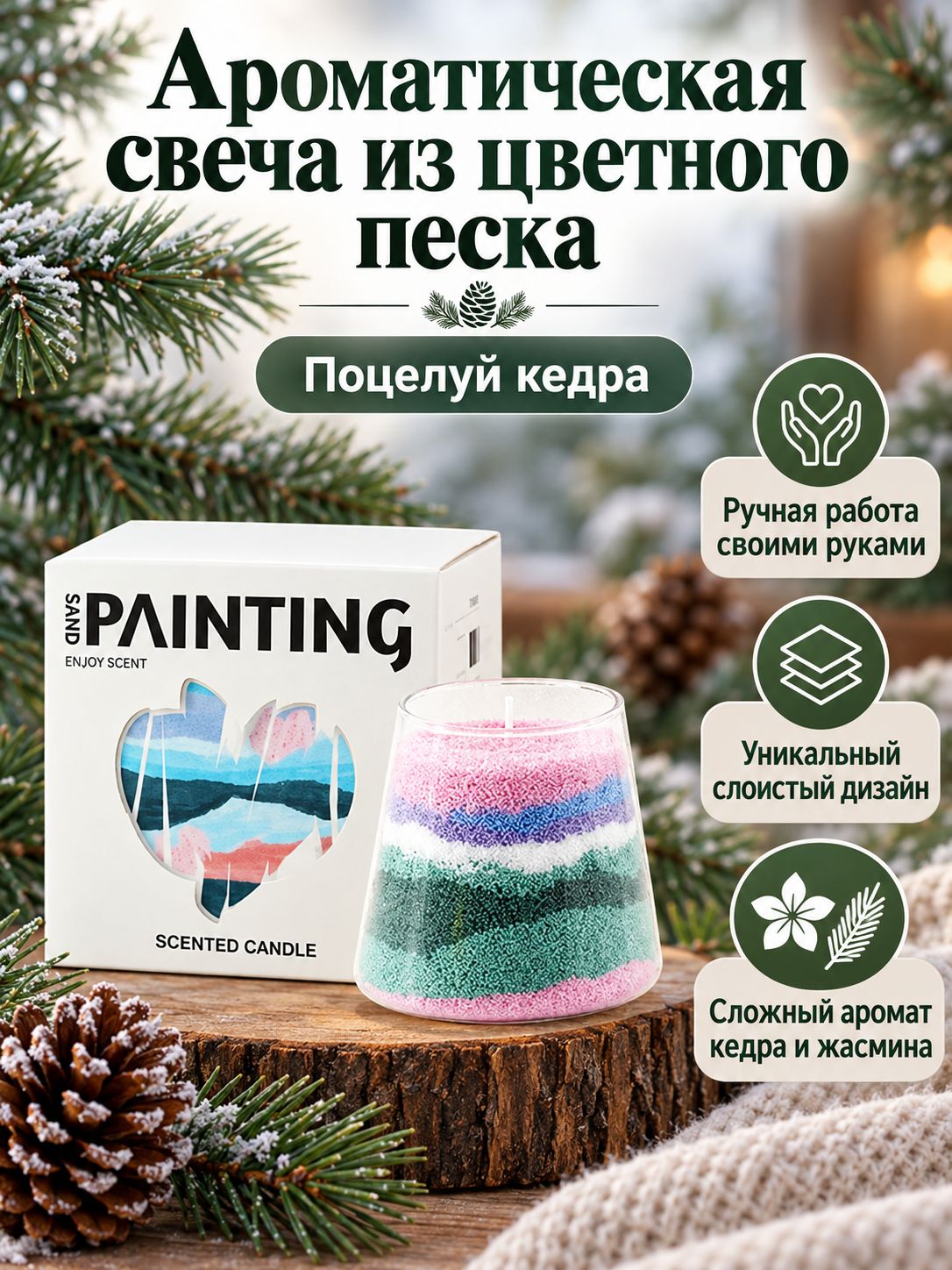 Набор ароматических свечей с песочной живописью из 1 предмета: стеклянный стакан, цветной песок, фитиль и смола поцелуй кедра