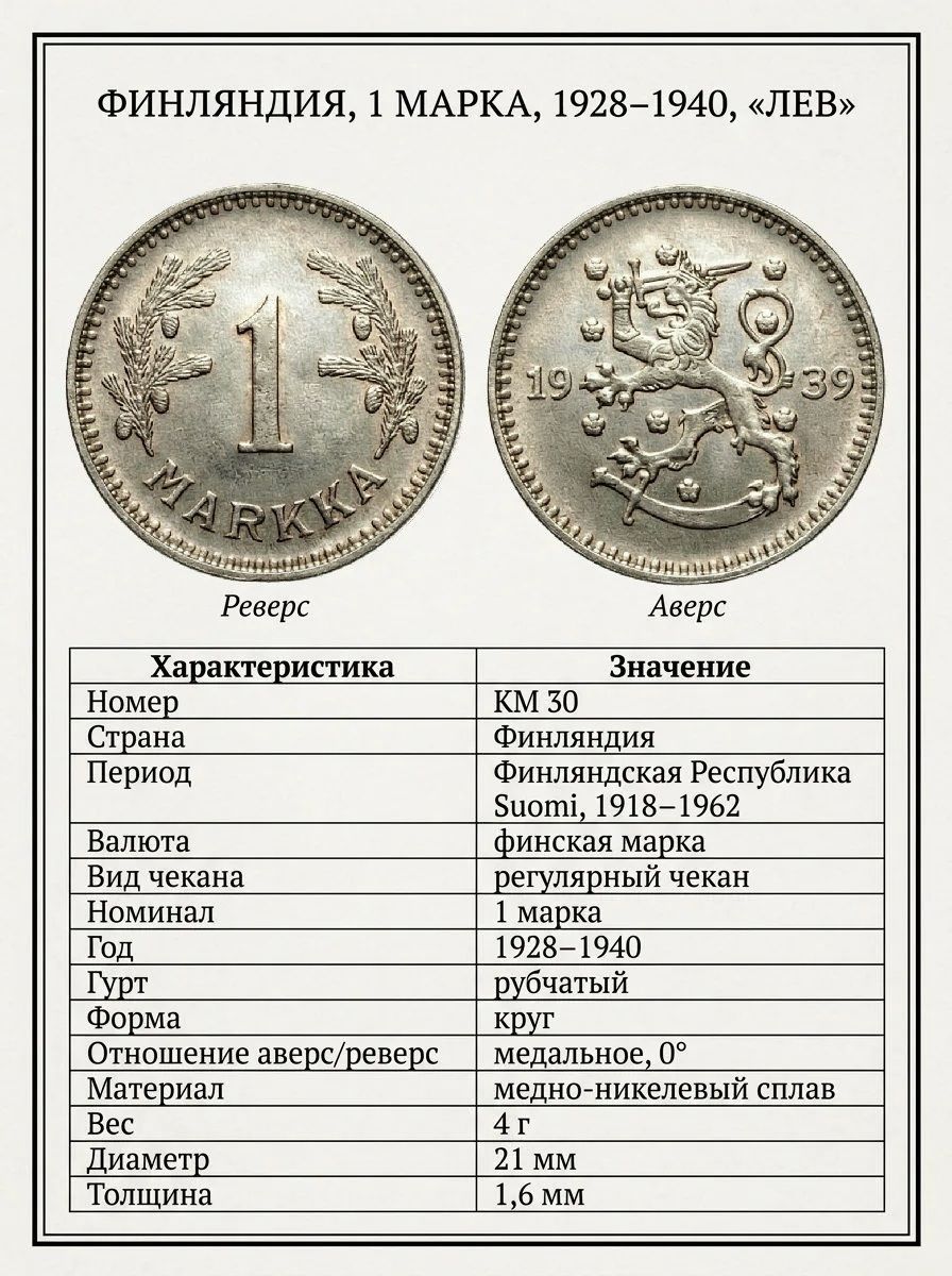 Финляндия 1 марка, 1939 Лев XF