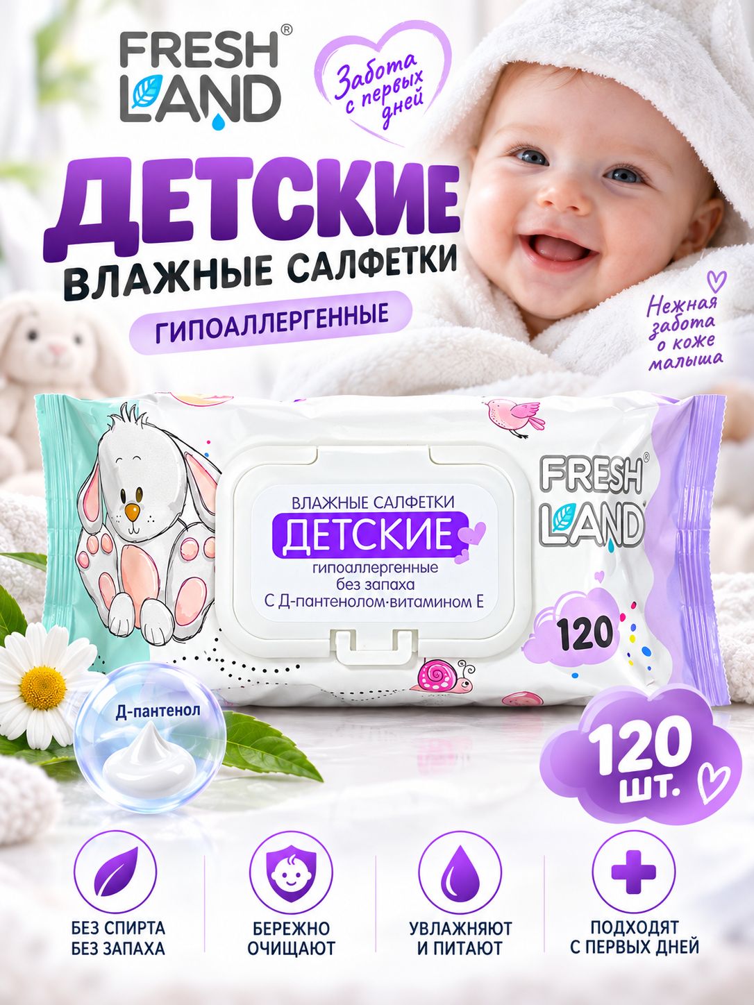 Влажные салфетки для детей "Freshland" c Д-пантенолом,120 шт Зайчонок