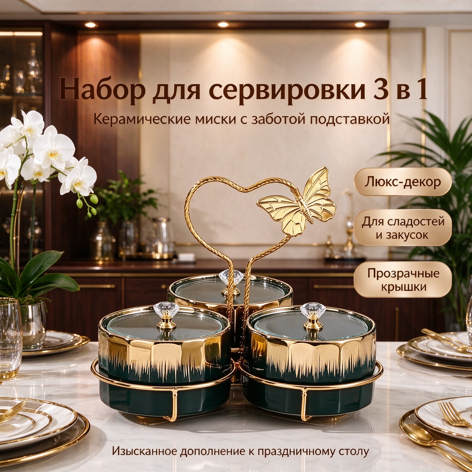 Керамическая конфетница с крышкой, подставка в виде бабочки и сердца, 3 секции, для орехов и сладостей, декор для