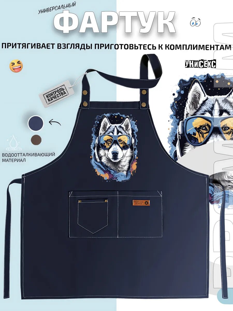 Фартук Хаски Husky космический путешественник в наушниках кухонный с принтом универсальный