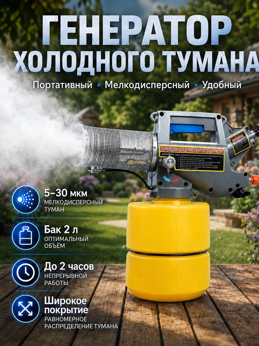 Тепловой туманогенератор 2 л, ручной насос, нержавеющая сталь, для дезинфекции