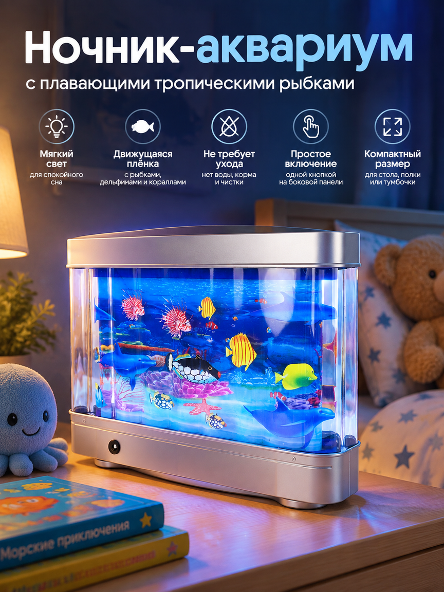 Ночник-аквариум с плавающими тропическими рыбками, настольный светильник для малышей и детей