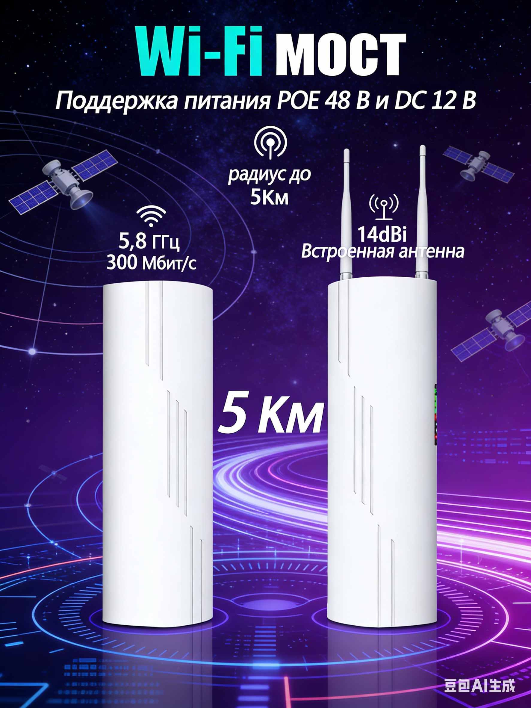 Wi-Fi мост 5,8 ГГц, до 5 км, 300 Мбит/с, Комплект (2 шт.)