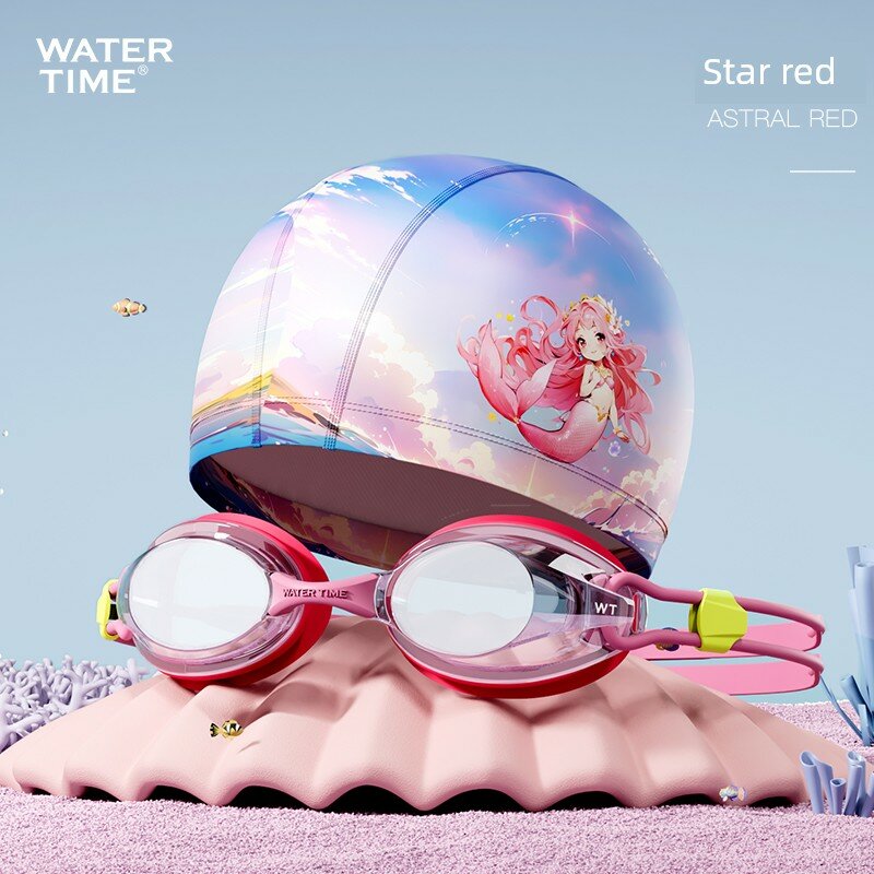 WaterTime детские плавательные очки Звездно-красный цвет с рыбкой-принцессой комфортная шапка прозрачная линза