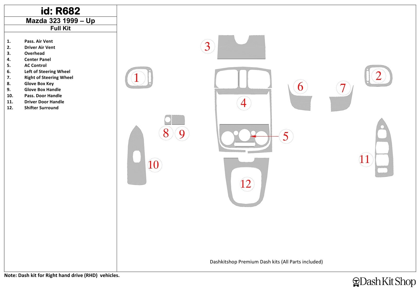 Декоративные накладки салона для Mazda 323 1999-UP. Комплект R682.