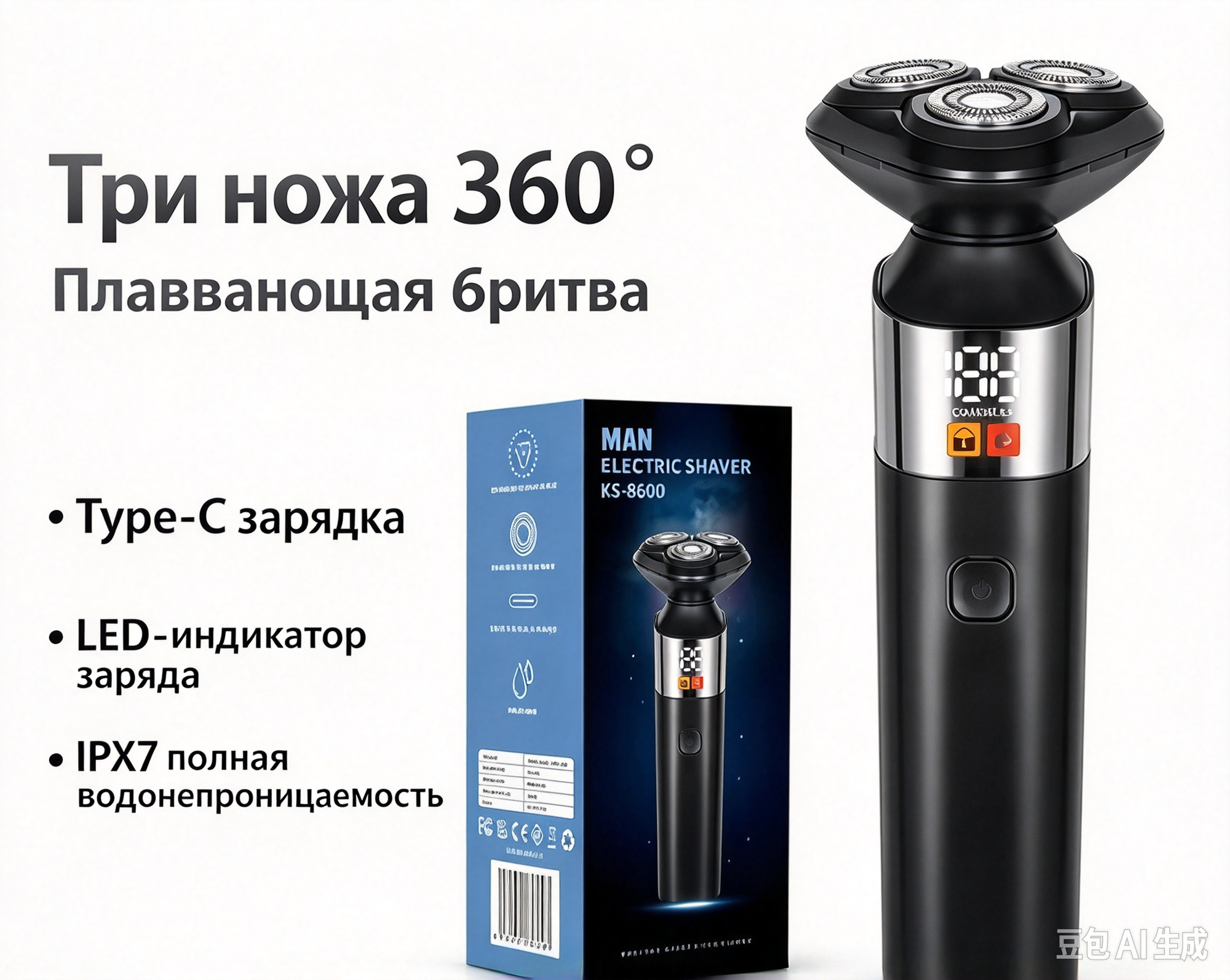 Электробритва мужская электрическая 3 в 1 модель KP-1034, с док станцией и USB кабелем, насадки триммер для бороды усов носа