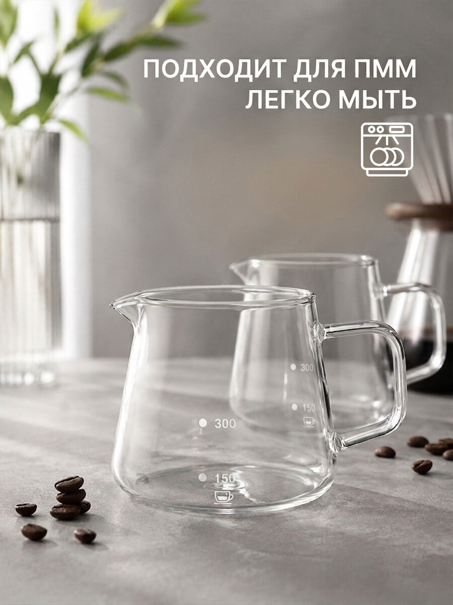 Стеклянный кофейный сервер из утолщенного боросиликатного стекла, с мерной шкалой. Жаро- и морозостойкий, подходит для кофе и чая.