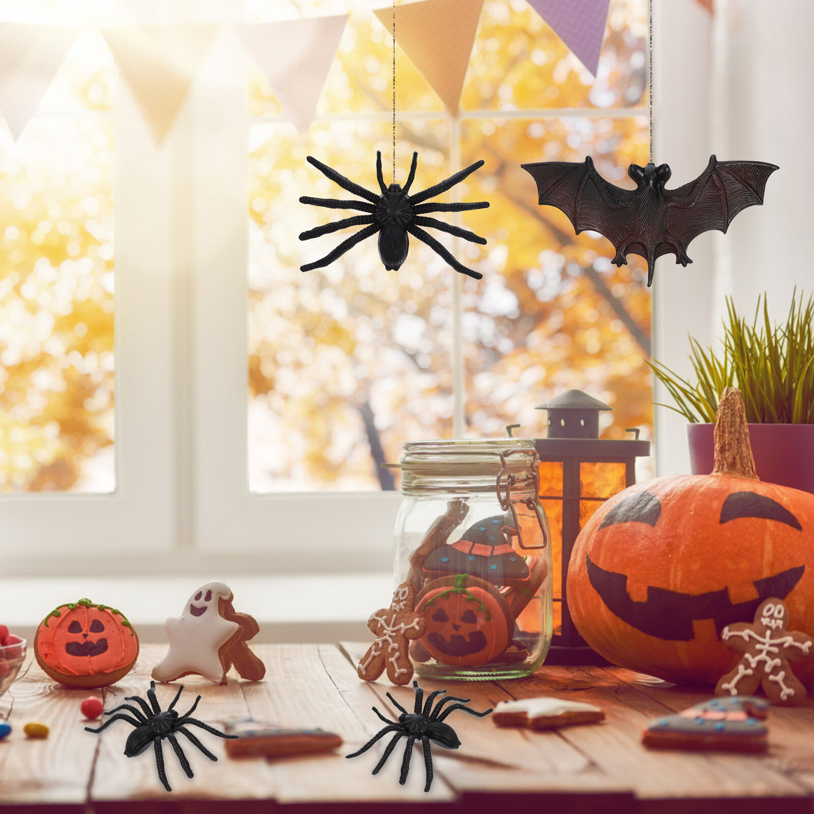 Набор Из 1 Штуки Декоративных Пауков И Летучих Мышей Для Устрашения На Хэллоуин Идеально Для Украшения Дома Черный
