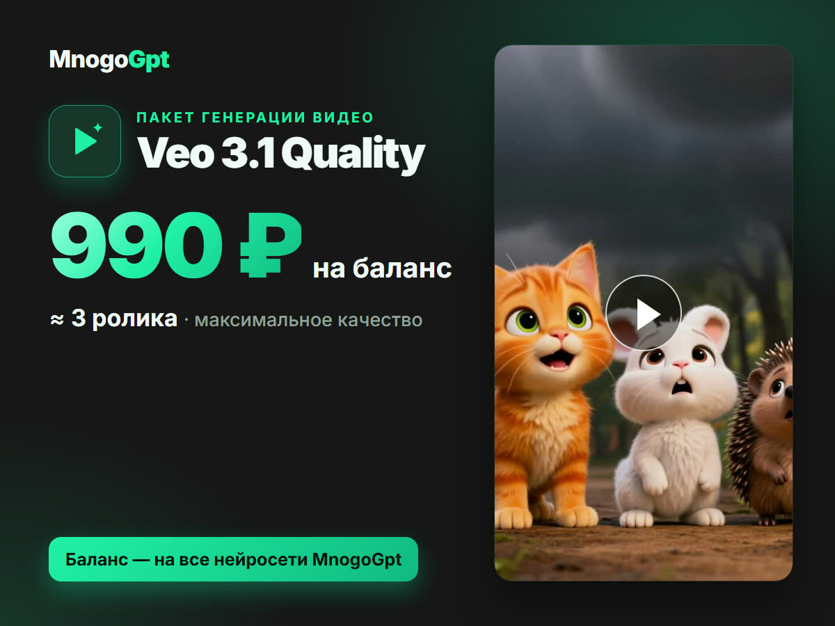 Оживить фото: нейросеть для видео Veo 3.1 Quality — без подписки, баланс 990 ₽ в кабинете MnogoGpt, ≈3 ролика