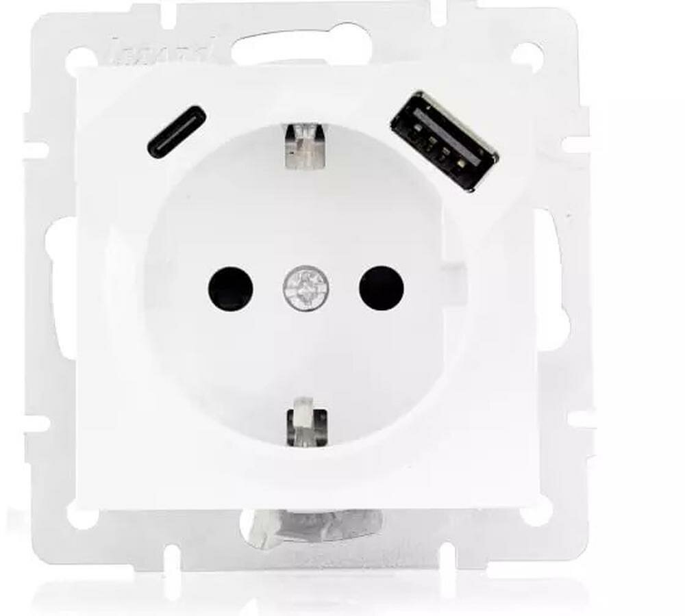Розетка с заземлением+Type-C+USB белый Lezard VESNA 742-0288-181TC
