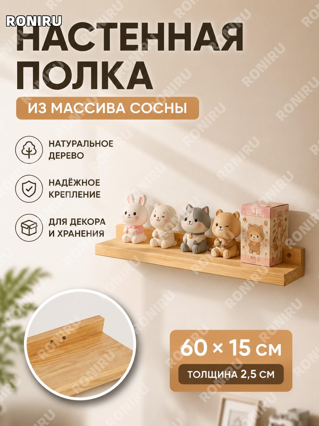 Настенная полка из дерева для игрушек и盲боксов 60×15 см, стеллаж-витрина из сосны, цвет натуральное дерево для дома