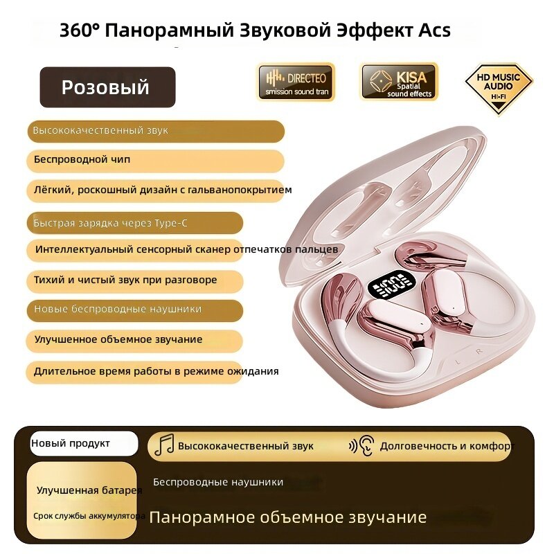 Беспроводные наушники с многоъязычным переводом в реальном времени и шумоподавлением на два микрофона, минималистичный дизайн без крепления за ухо, комфортная посадка для бизнеса и спорта, цвет розовый