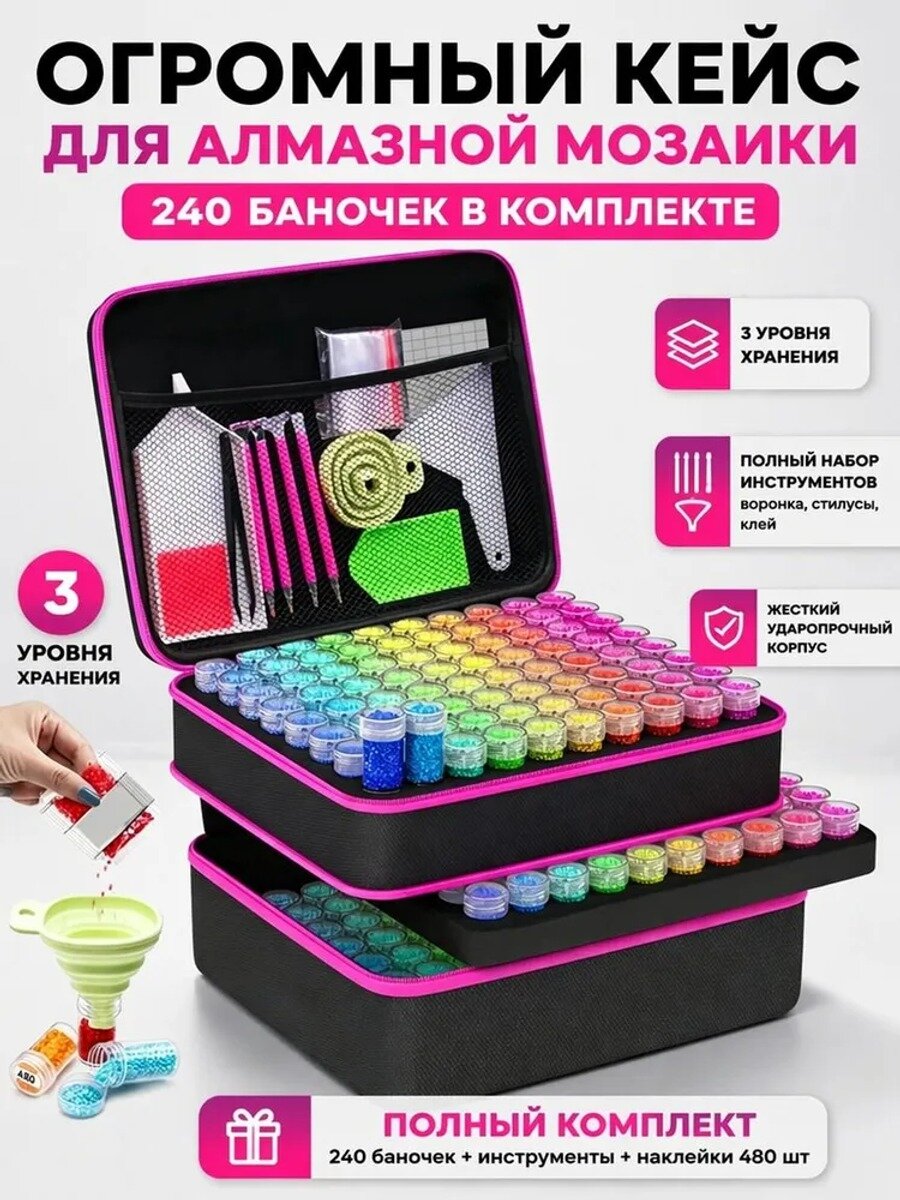 Портативный органайзер для алмазной мозаики на 240 баночек, синий кейс с набором инструментов