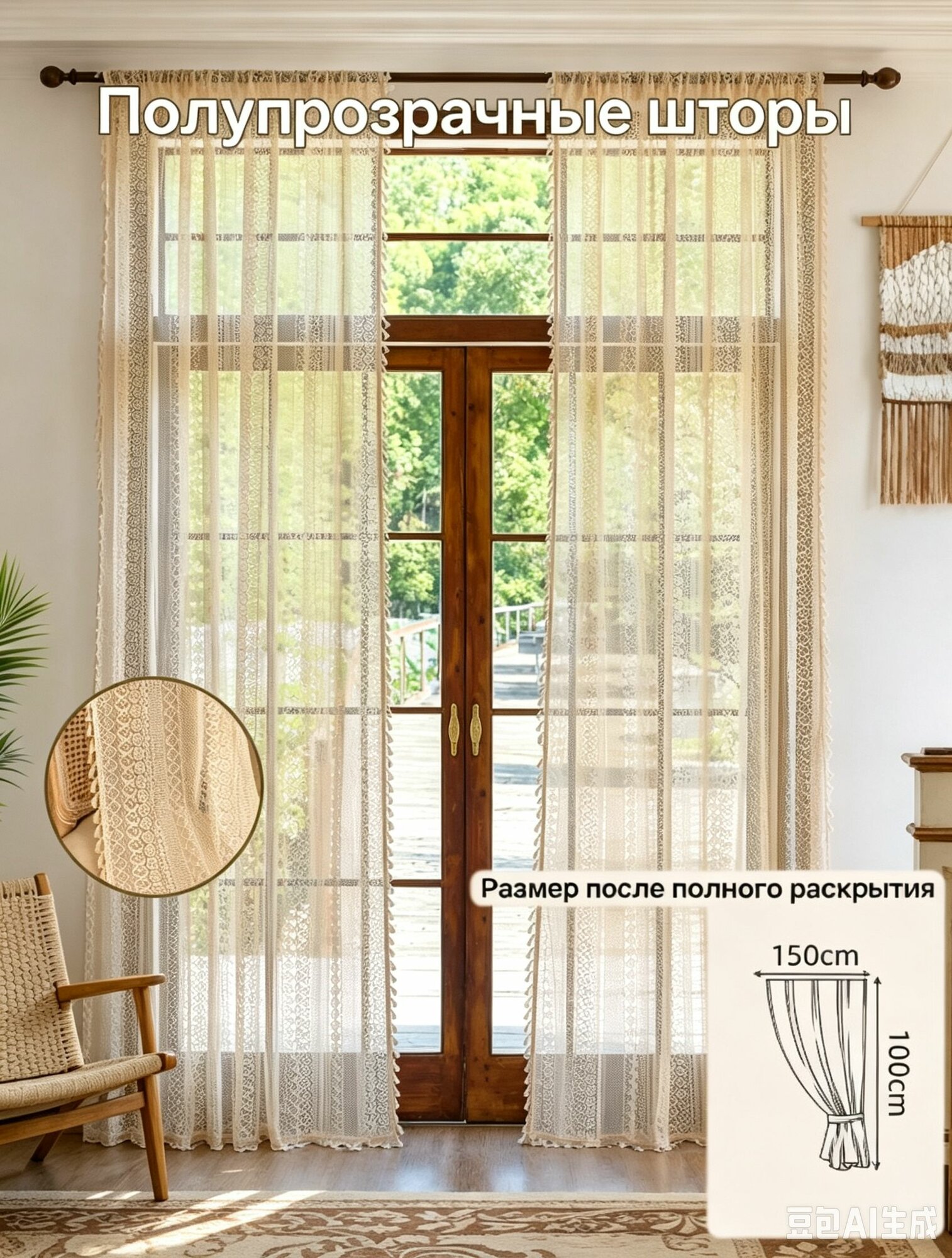 Тюль на ленте 150x100 см 1 шт вышивка бежевый