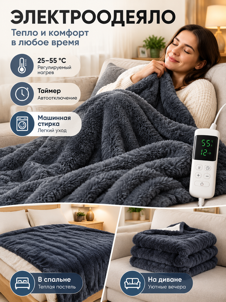 Электроодеяло плед с подогревом двусторонний, флис и шерсть, регулировка 25-55C, таймер, можно стирать, для дома и дачи130 × 180