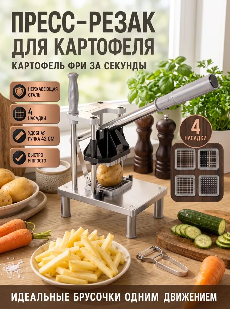 Овощерезка пресс для картофеля фри, 4 насадки, нержавеющая сталь, ручная