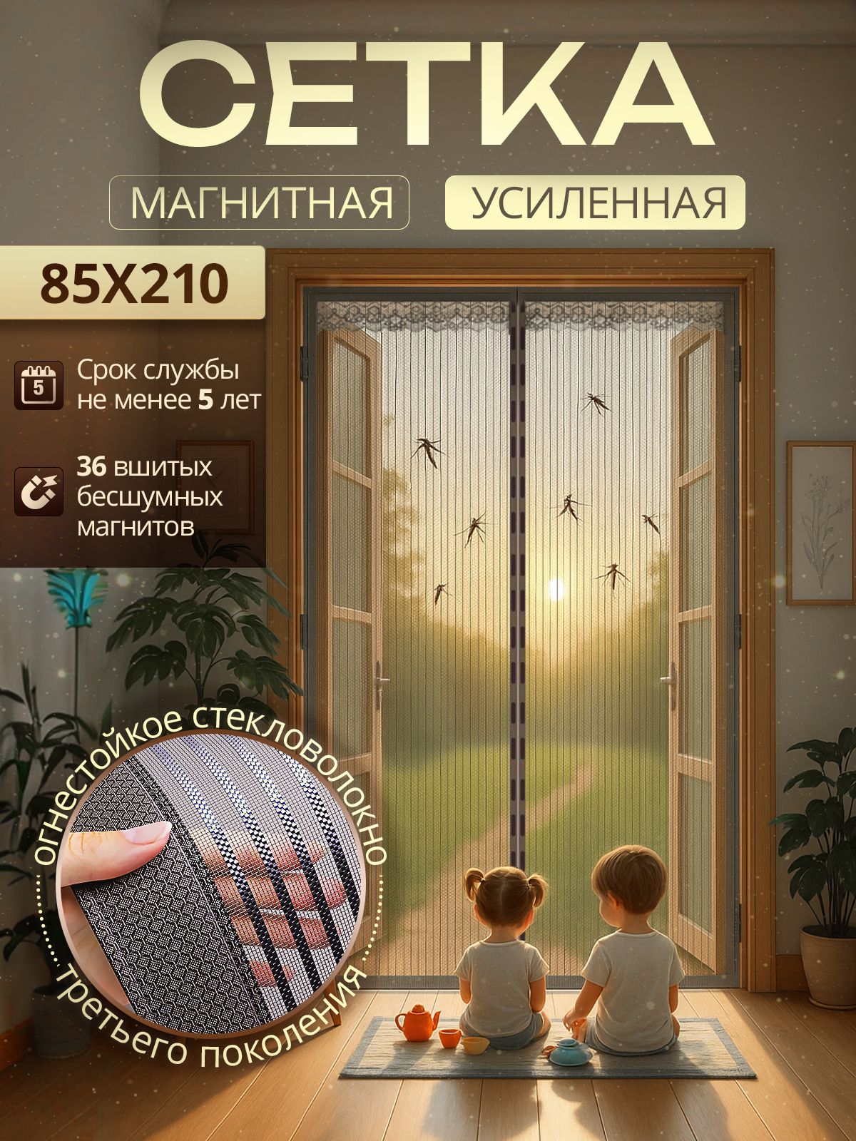 Москитная сетка на дверь на магнитах стекловолокно 85 на 210 см / Антимоскитная штора на дверь