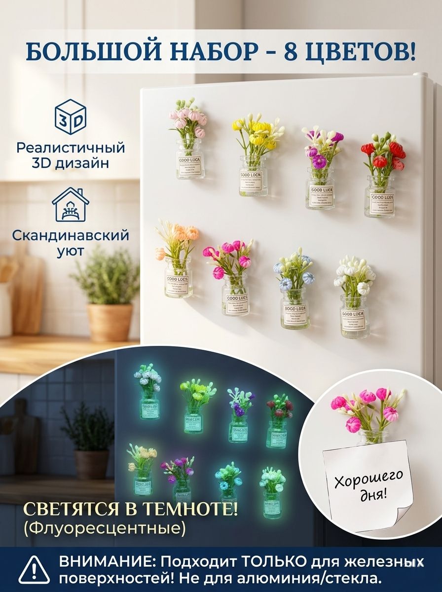 Светящийся 3D магнит на холодильник в виде мини-вазы с цветами, декоративный магнитный букет для кухни и интерьера