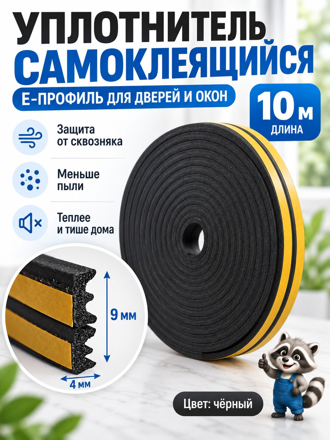 Уплотнитель самоклеящийся, E-профиль 9*4 мм, черный,10 метров, для дверей, для окон, автомобильный, какучук.