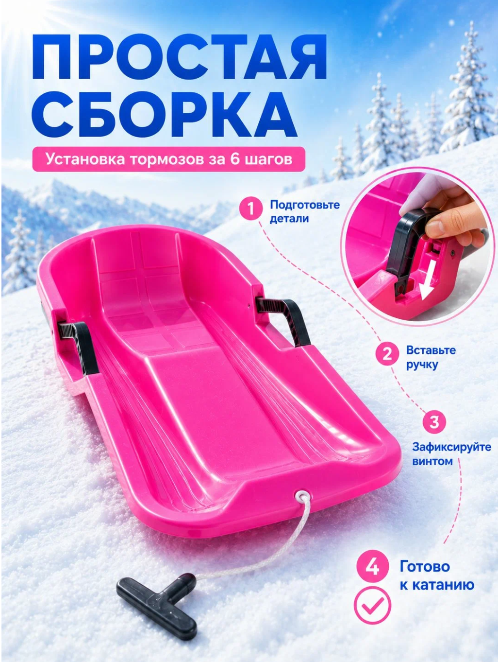 Санки-ледянка с боковыми тормозами 67 см, пластиковые с верёвкой для детей — фото 1