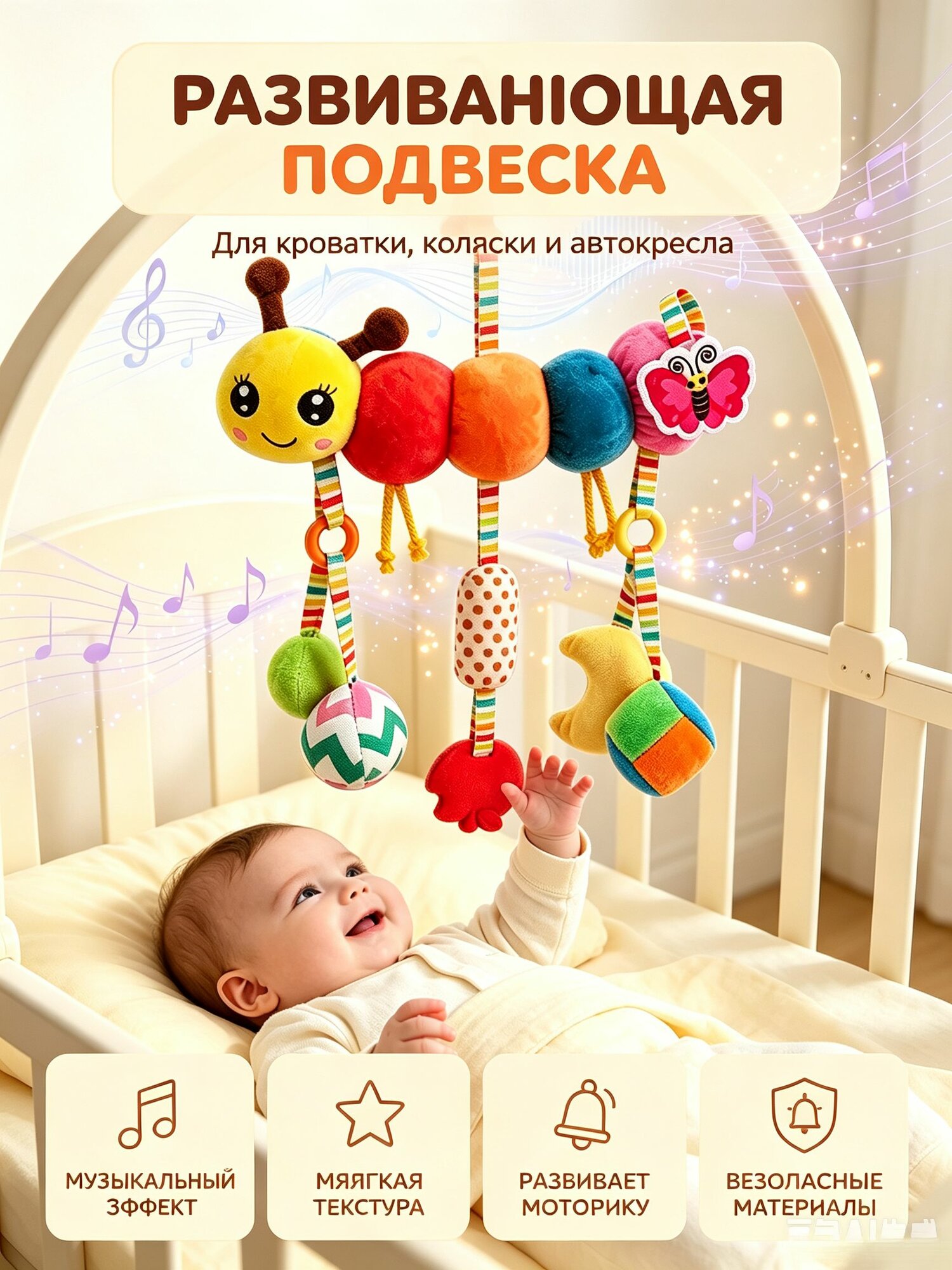 Развивающая дуга на коляску или кроватку с подвесными игрушками для детей от 0 до 4 лет текстильная голубая