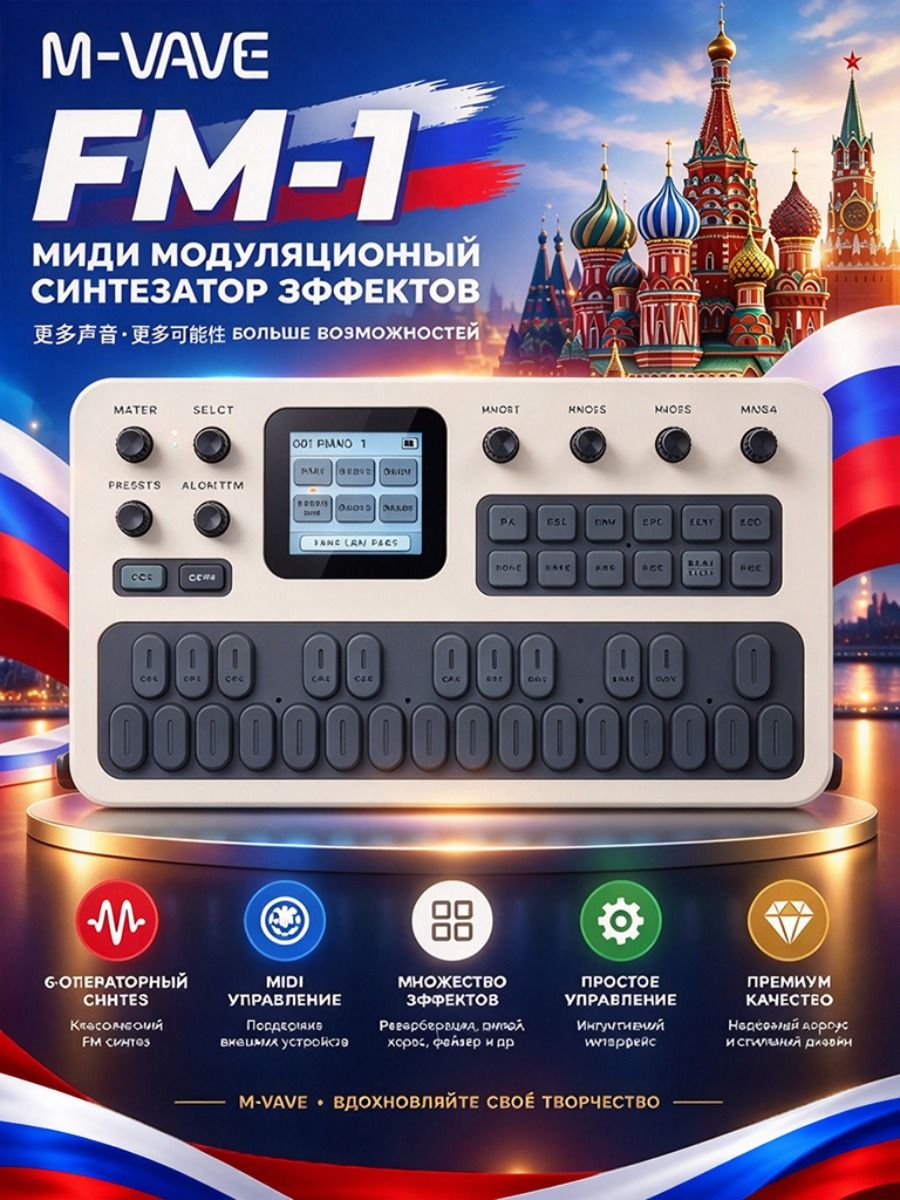 M-VAVE FM-1 Клавиатура MIDI-синтеза: Блок Эффектов 6, Алгоритм Управления 32, Источник Звука Mini FM, Встроенный Динамик