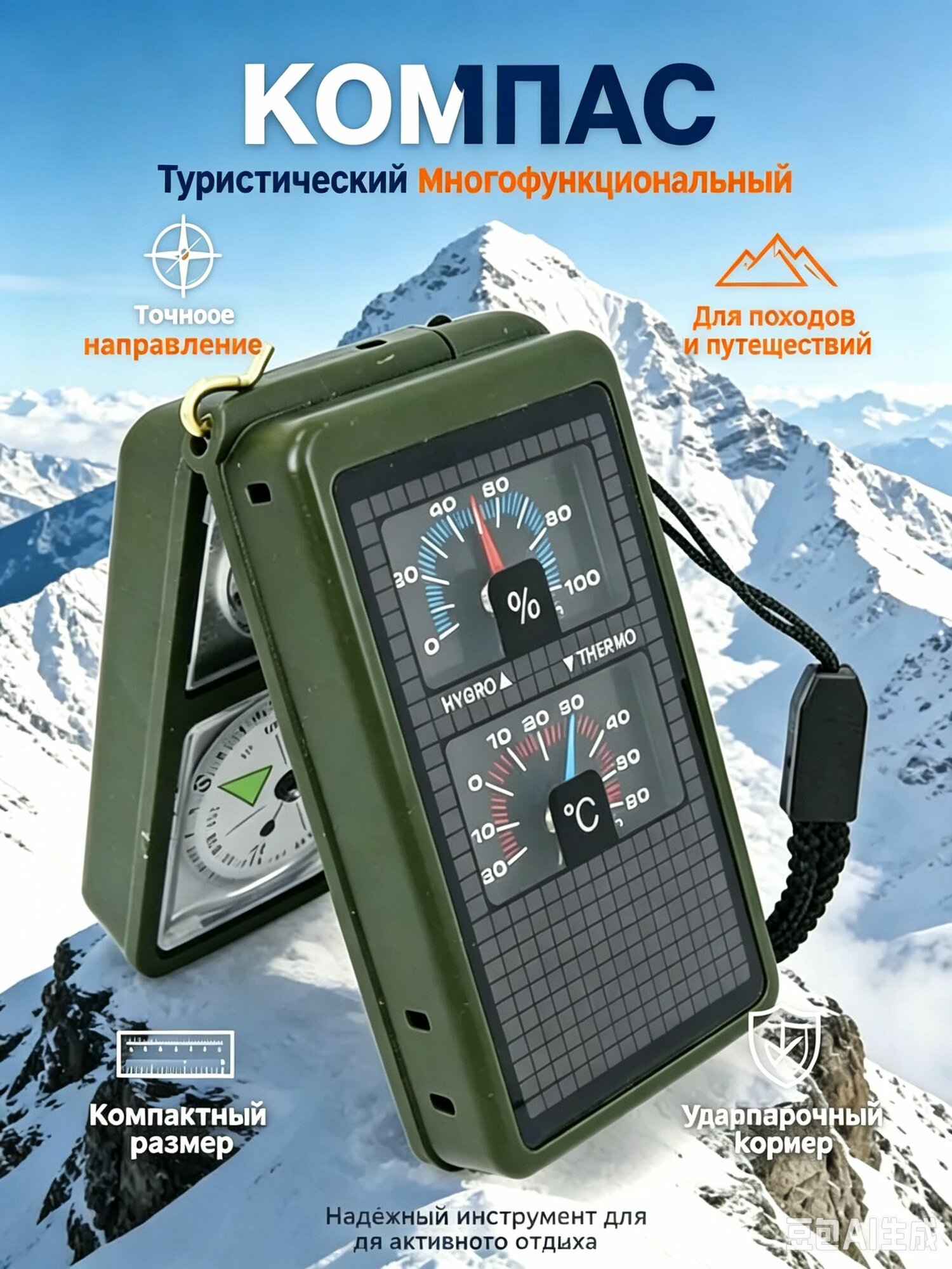 Компас туристический, для походов и ориентирования, с термометром и гигрометром