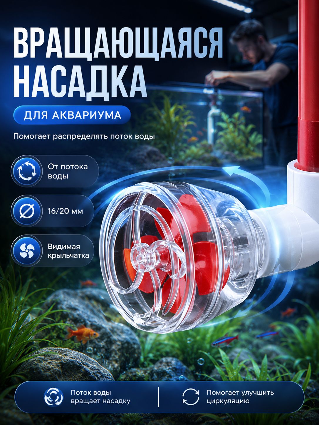 Вращающаяся насадка на фильтр и помпу для аквариума, 37 на 37 мм, внутренний диаметр 16 мм, внешний диаметр 20 мм, прозрачная с красной крыльчаткой