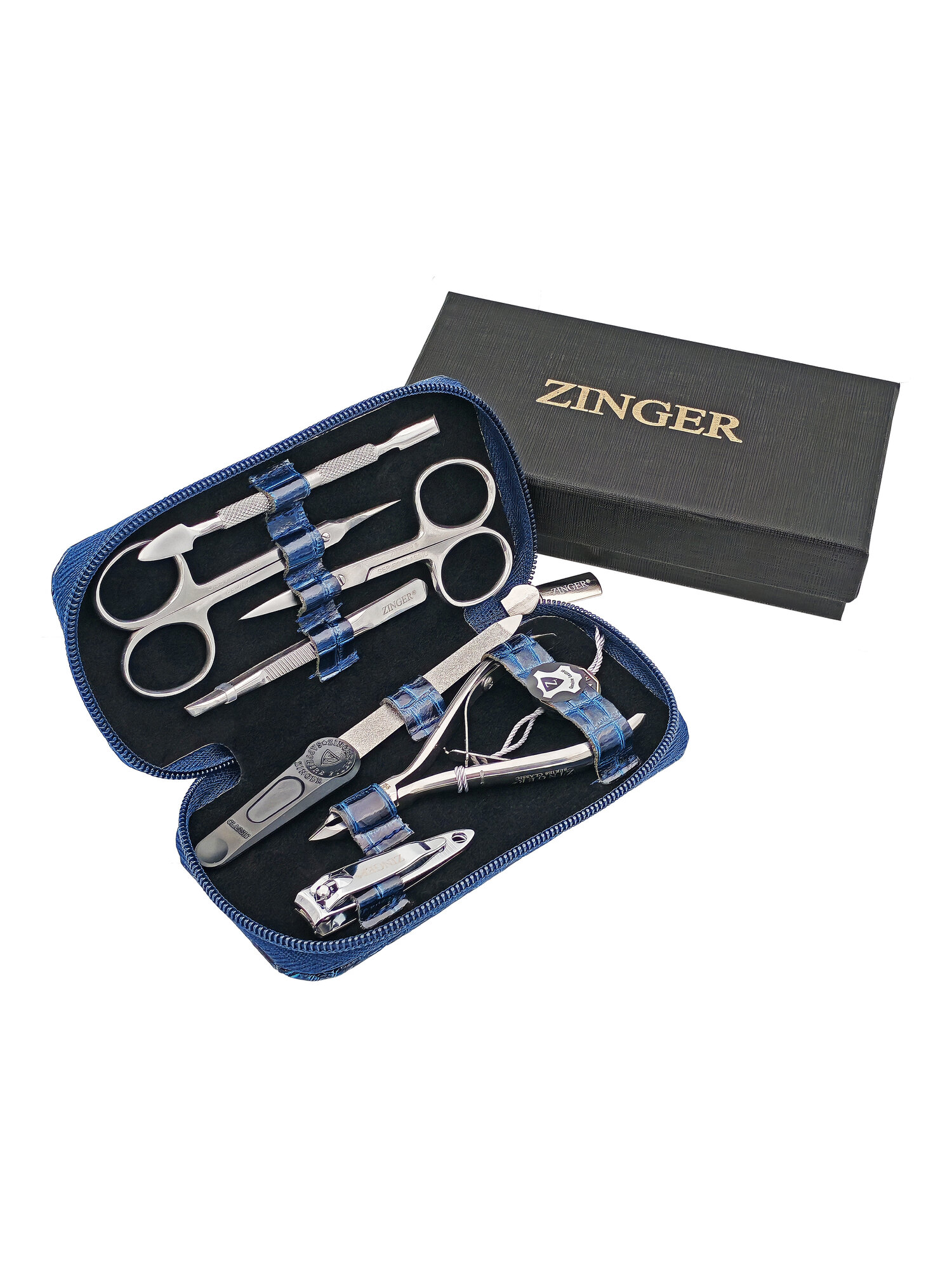 Маникюрный набор Zinger MS-7105, 7 предметов, медицинская сталь, натуральная кожа, серебристый/синий крокодил