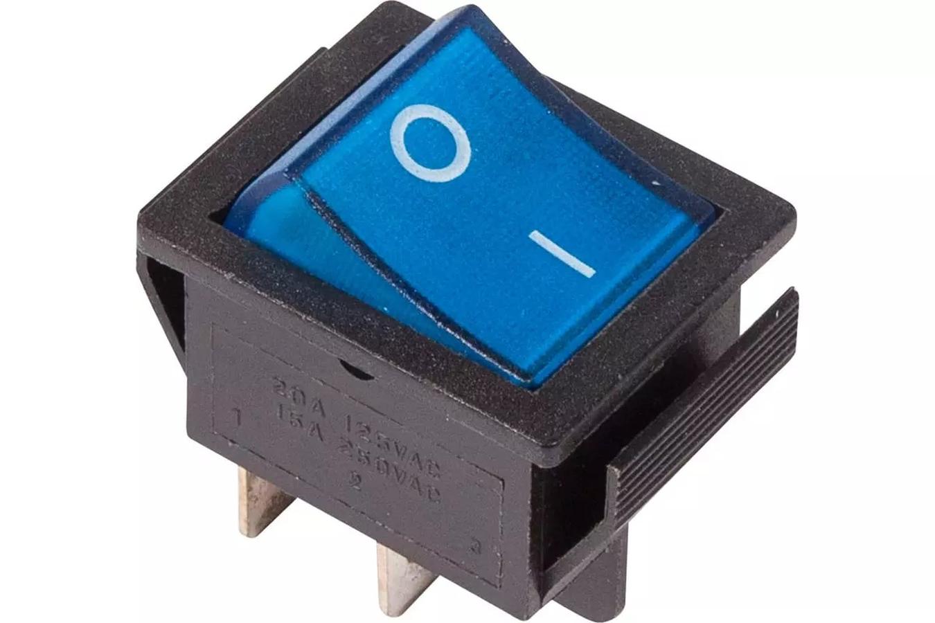 Выключатель клавишный 16А 220В ON-OFF 2х2 контакта IP30 синий с подсветкой REXANT 36-2331