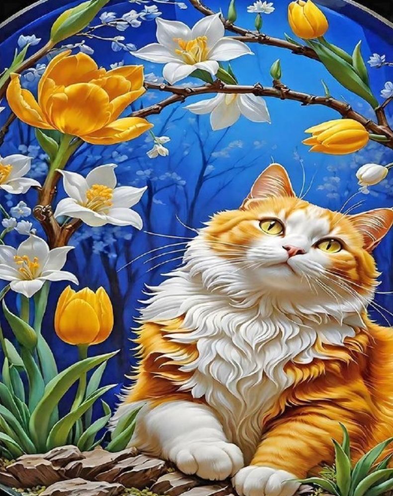 Алмазная мозаика на подрамнике 40*50 "Котик в тюльпанах"