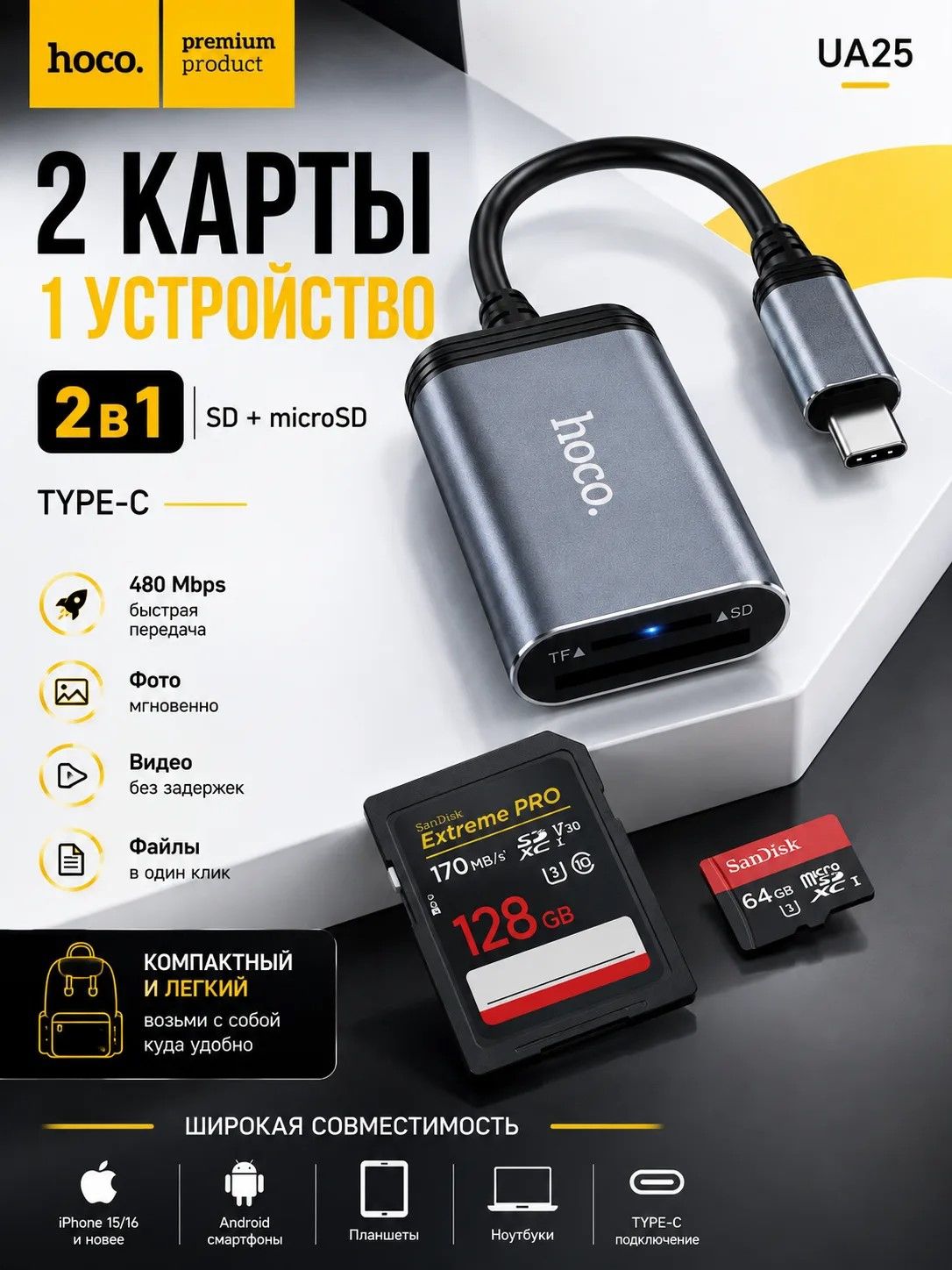 Картридер TYPE C на SD MicroSD Адаптер переходник для карты памяти для iphone