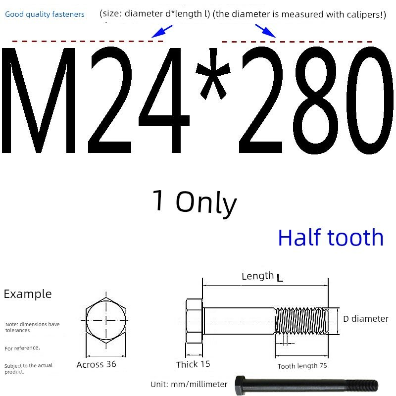 M24 x 280 мм Высокопрочный шестигранный болт с полурезьбой, класс 12.9