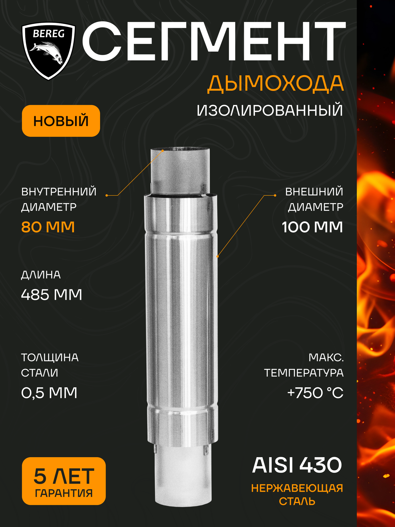Сегмент дымохода изолированный 80 мм