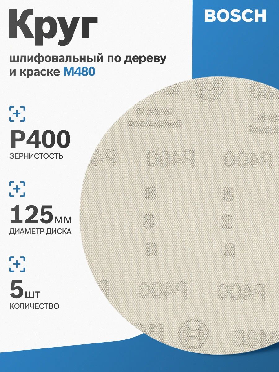 Шлифовальный круг Bosch M480 Best for Wood and Paint P400, 125 мм (по дереву), без отверстий, 5 шт.