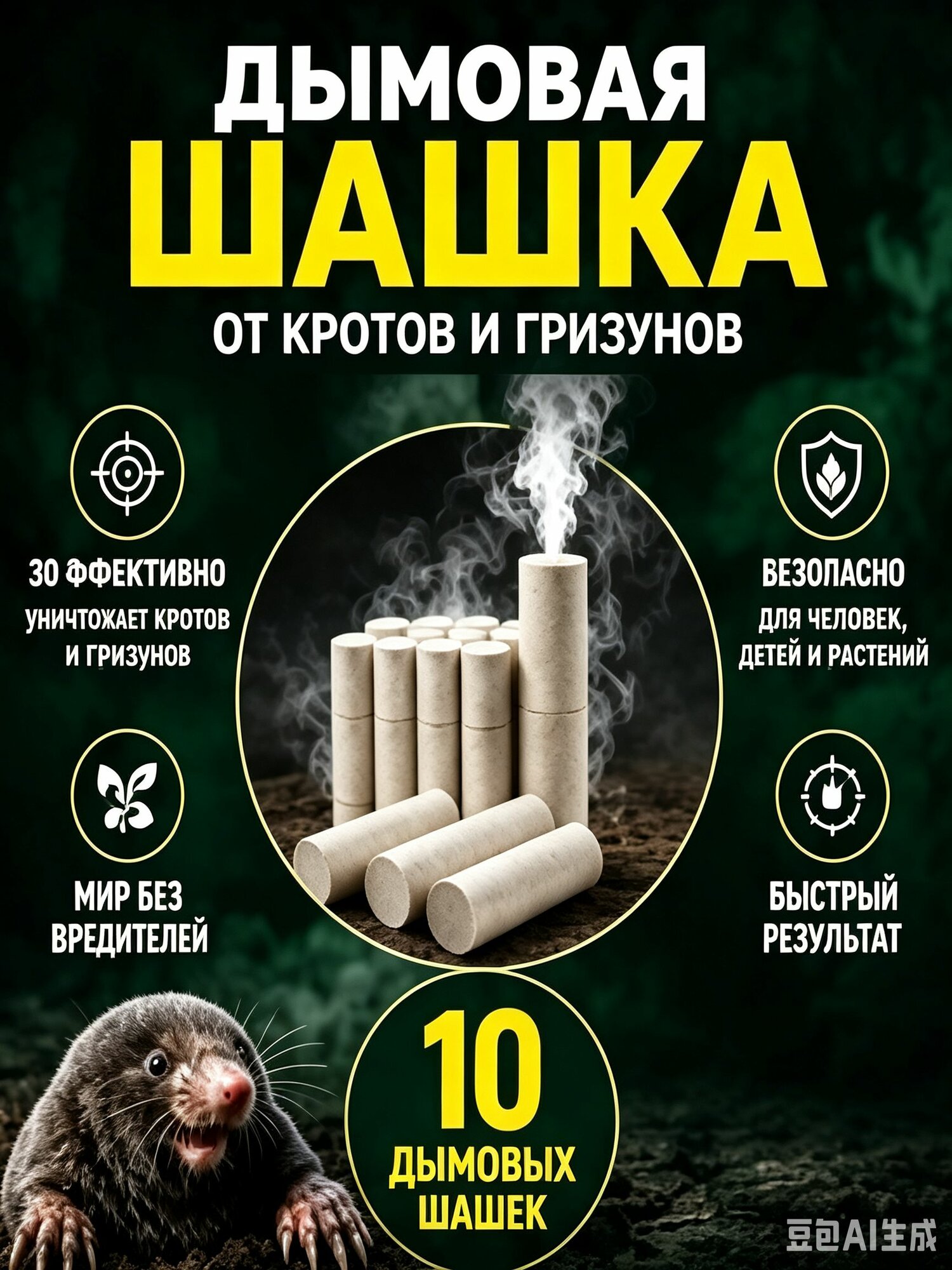 Дымовая шашка от кротов и грызунов набор 10 штук эффективная защита участка и газона