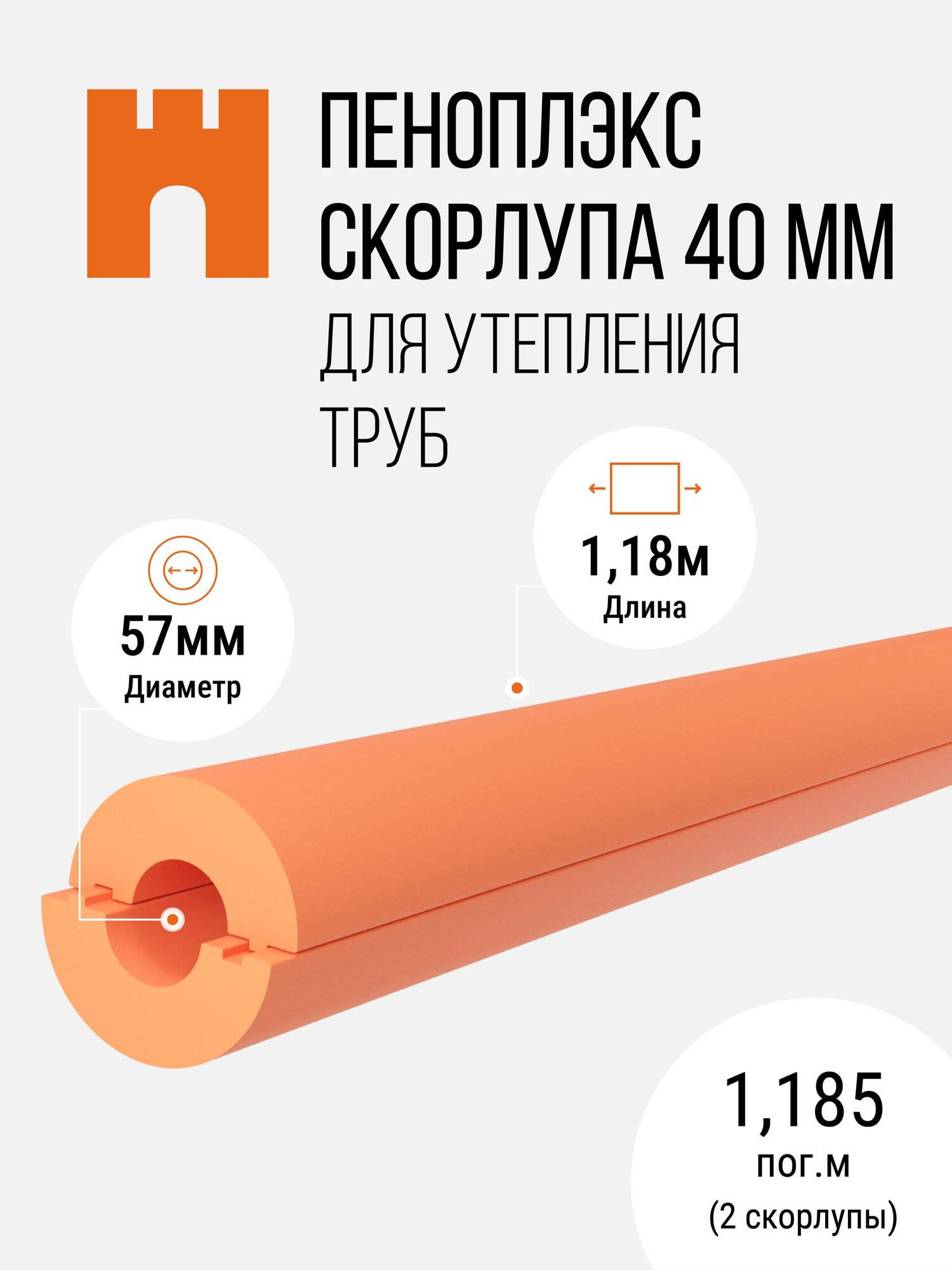 Утеплитель пеноплэкс для труб диаметром 57мм , скорлупа XPS 40мм, 1,185 пог. м, 2 скорлупы