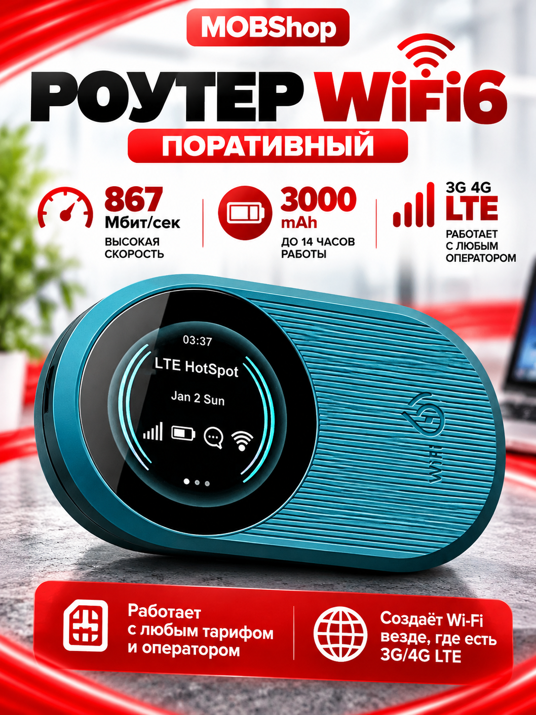 Роутер Wi-fi карманный 4G роутер со слотом для SIM-карты, 5G Wi-Fi, аккумулятор 3000 мАч, портативный мобильный модем