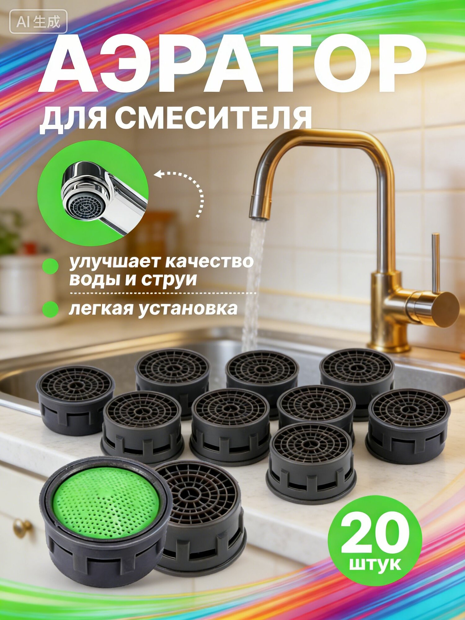 Аэратор насадка на кран для воды, 20 штук (Серый)-