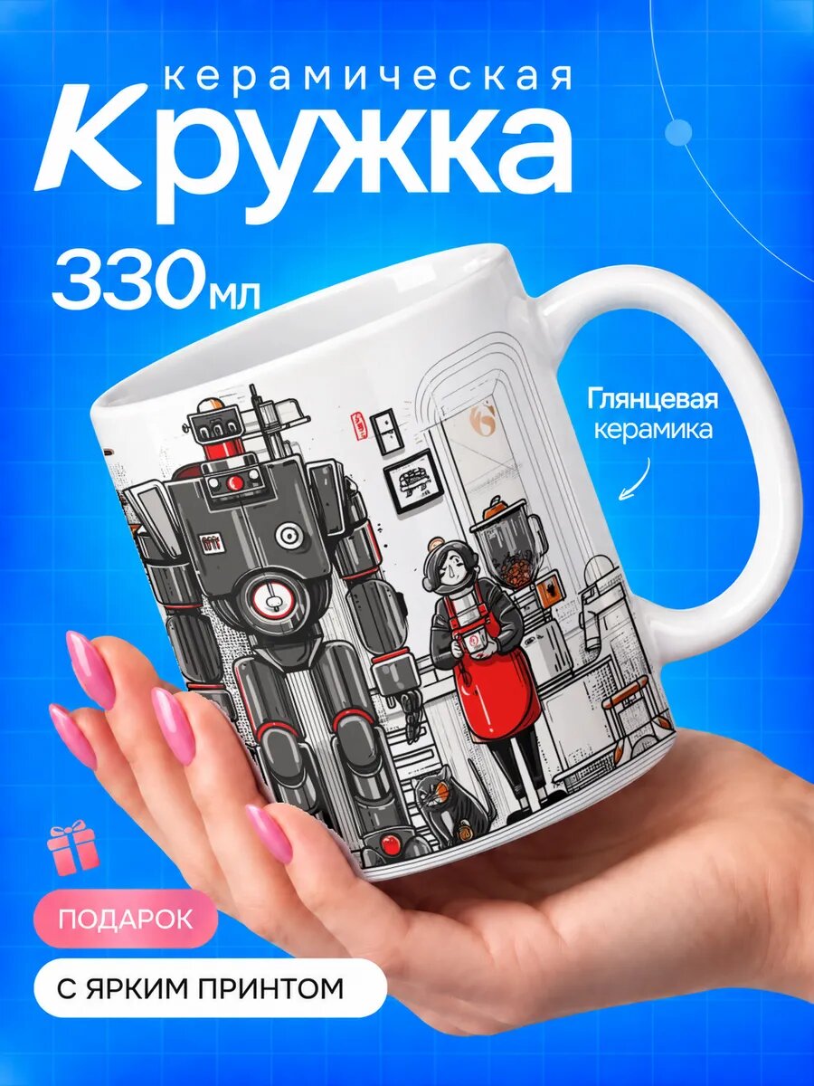Кружка керамическая TOP CUP, Роботы, белая, 330 мл, для чая и кофе